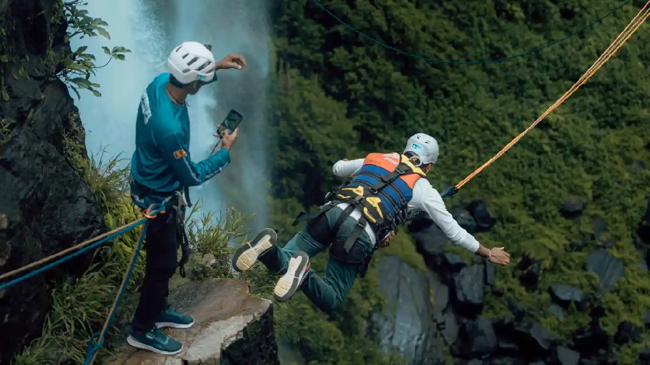 Rope Jump at Lakshapana Falls - Wind and Wild Travels